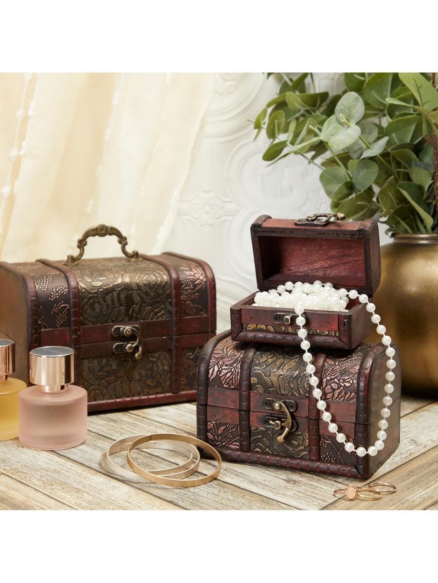 Set Of 3 Small Wooden Treasure Chest Boxes With Flower Motif ...