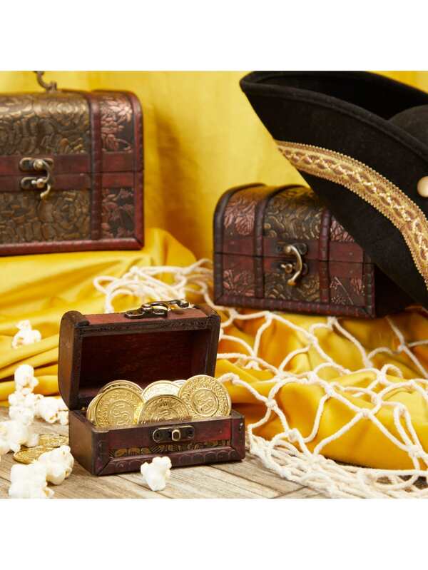 Set of 3 Small Wooden Treasure Chest Boxes with Flower Motif ...