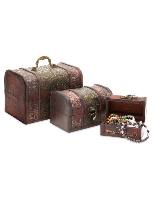 Set of 3 Small Wooden Treasure Chest Boxes with Flower Motif ...