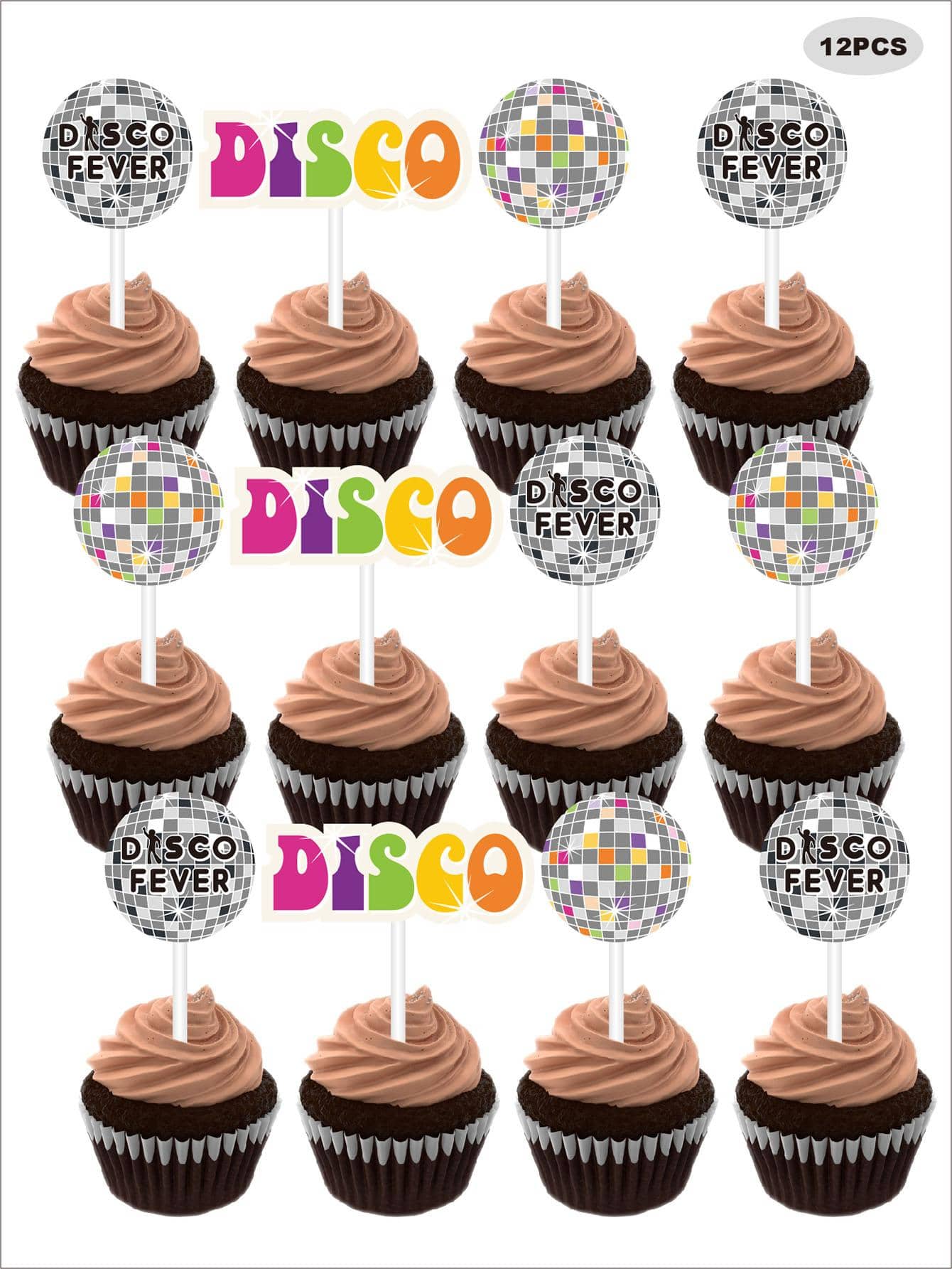 12 pcs Paper Disco Ball Cupcake toppers Happy Birthday Cake Topper ...
