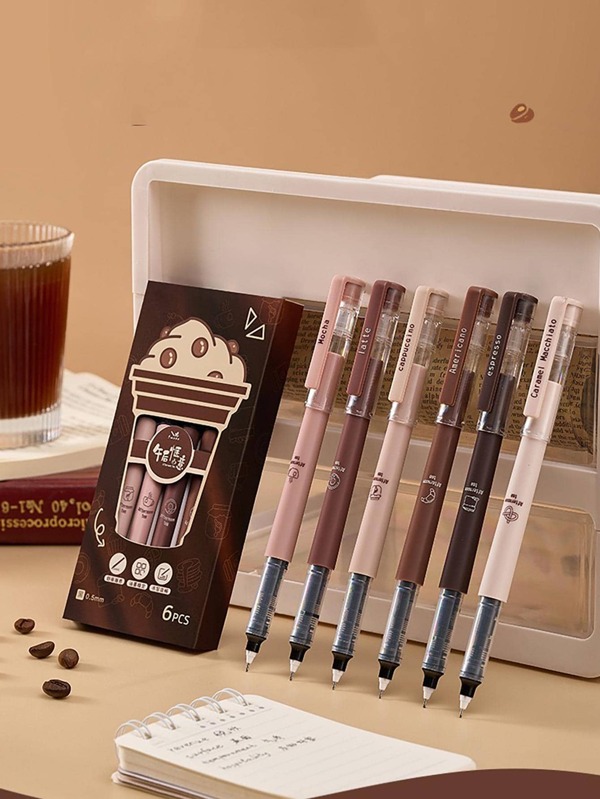 6pcs Coffee Theme Liquid Quick-Drying Ink Gel Pens, No smear Soft Touch ...