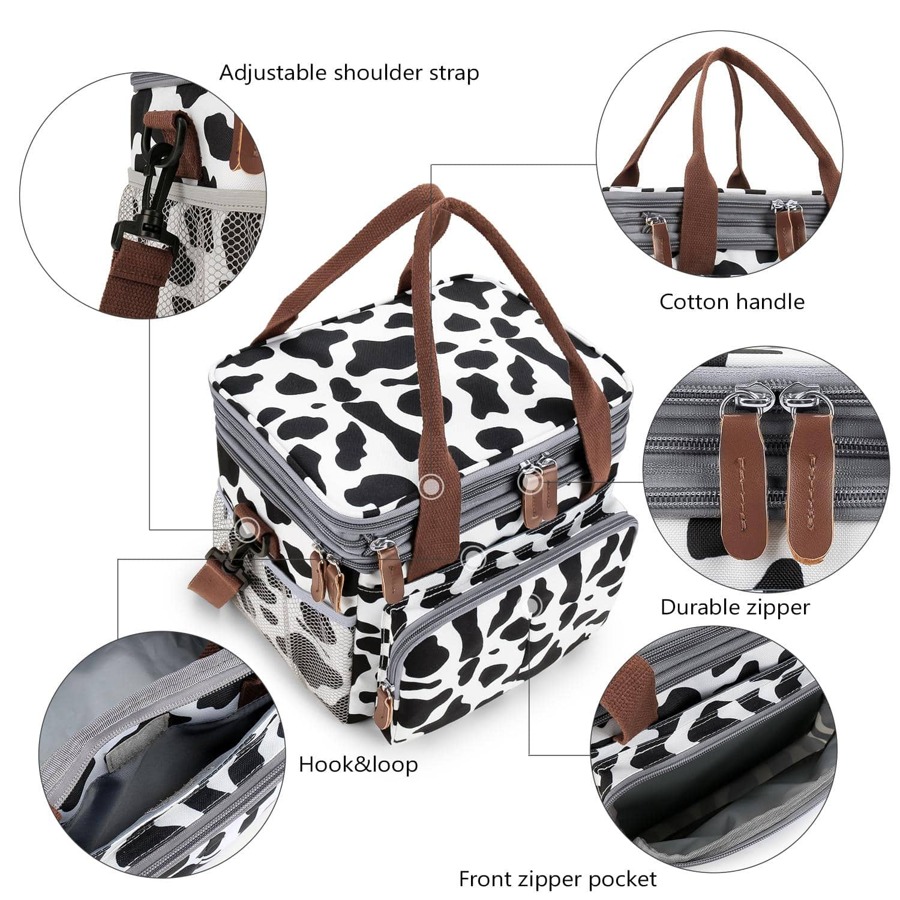Colorblock Cow Pattern Lunch Bag Double Handle Waterproof School Lunch ...