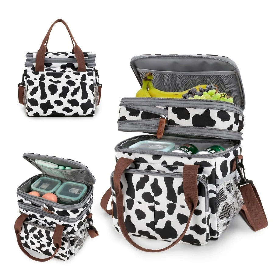 Colorblock Cow Pattern Lunch Bag Double Handle Waterproof School Lunch ...