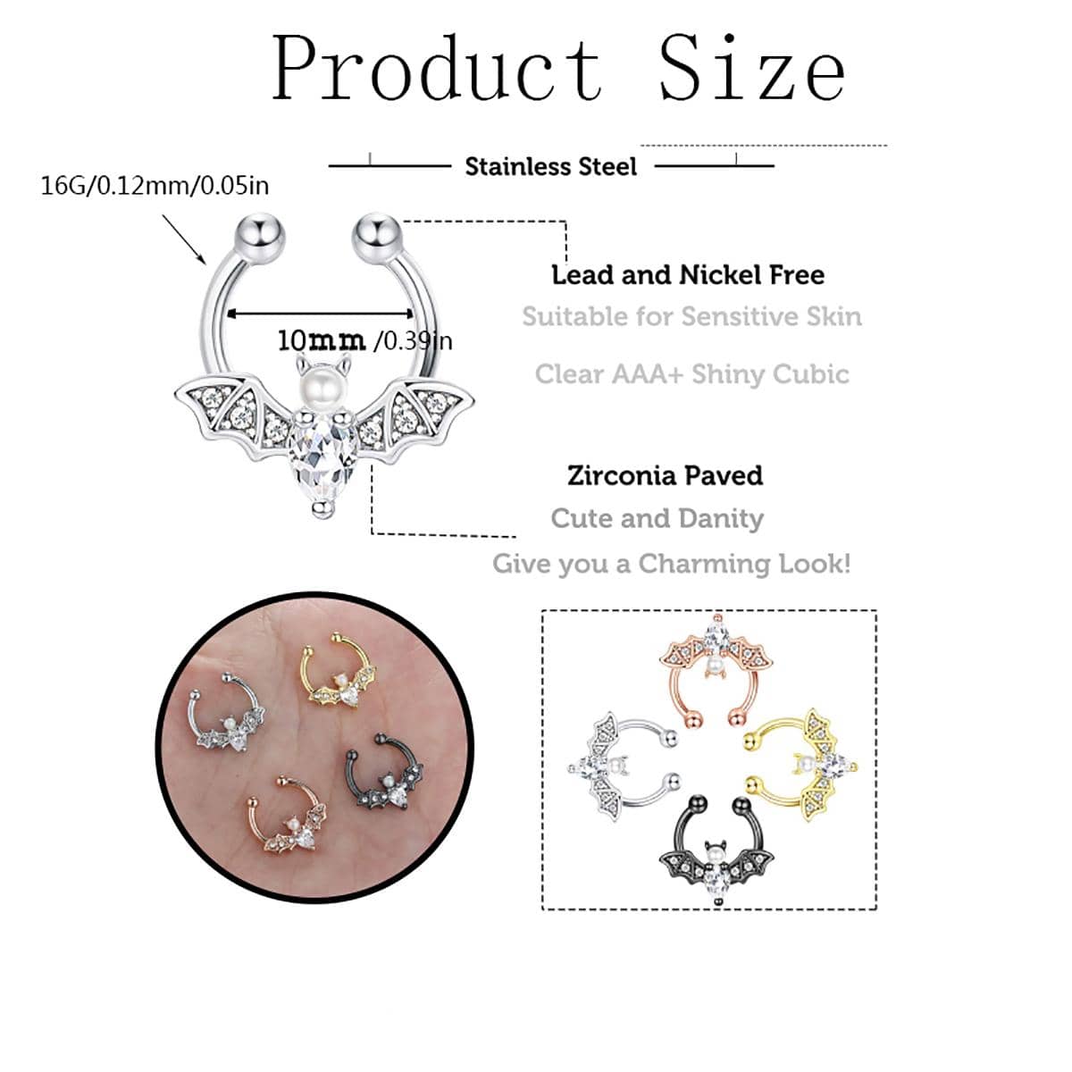 1Pc Cute Halloween Bat Fake Septum Nose Rings, Clip On Faux Pearl Bat ...