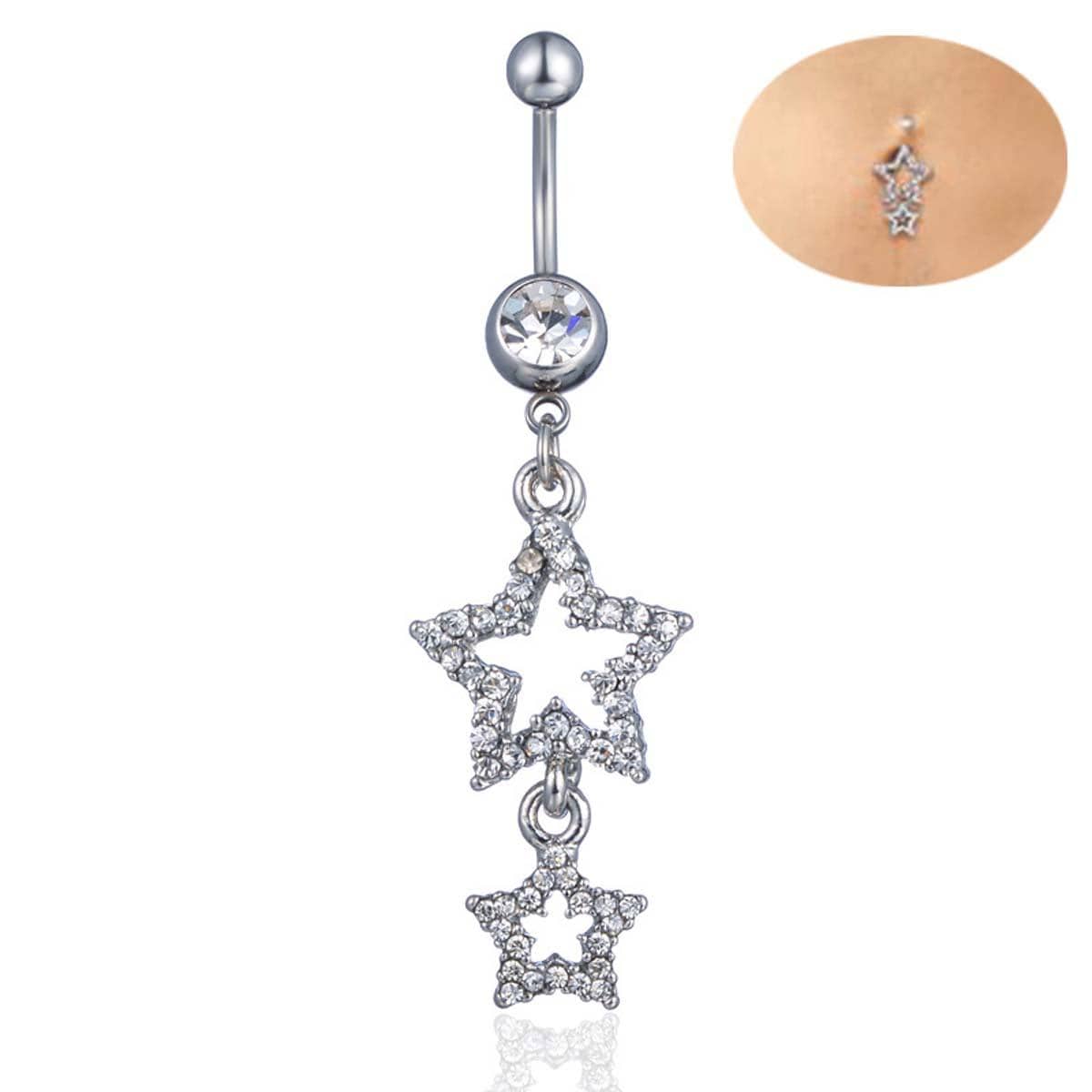 1pc Funky Stainless Steel Rhinestone Star Decor Navel Belly Ring For ...