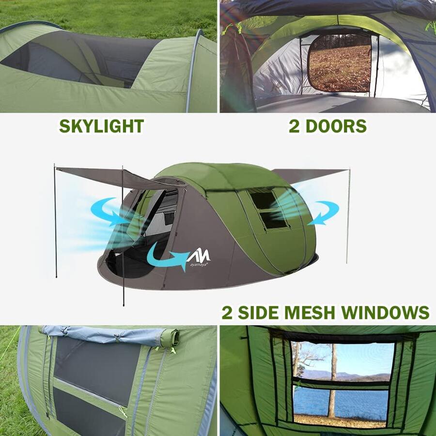 4 Person Pop Up Tents for Camping - AYAMAYA Waterproof Instant Family Tents with Skylight ...