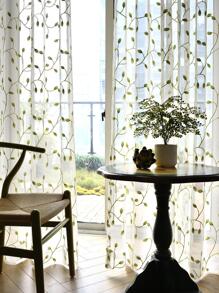 1pc Transparent Leaf Pattern Embroidered Sheer Curtain, American ...