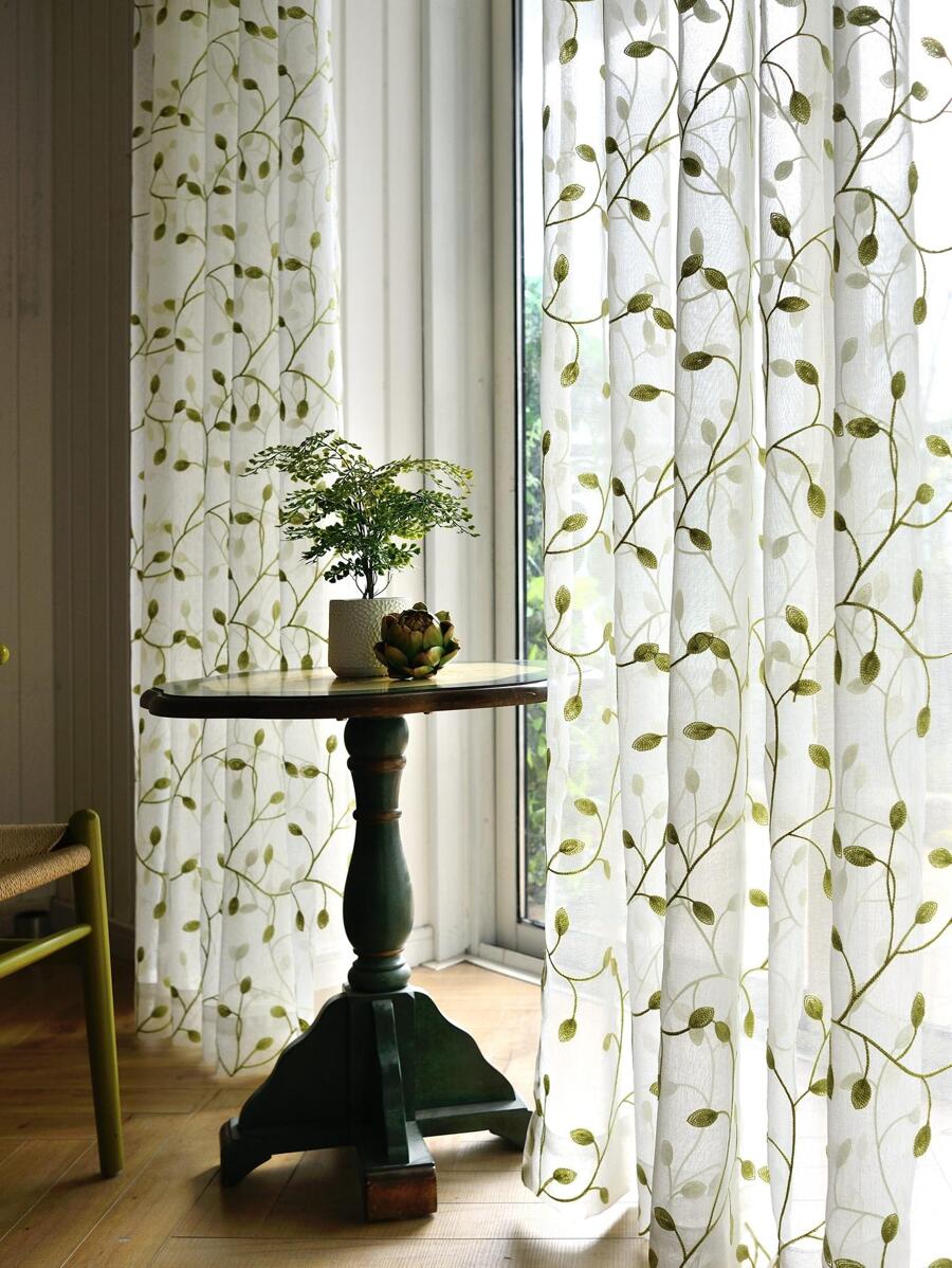 1pc Transparent Leaf Pattern Embroidered Sheer Curtain, American ...