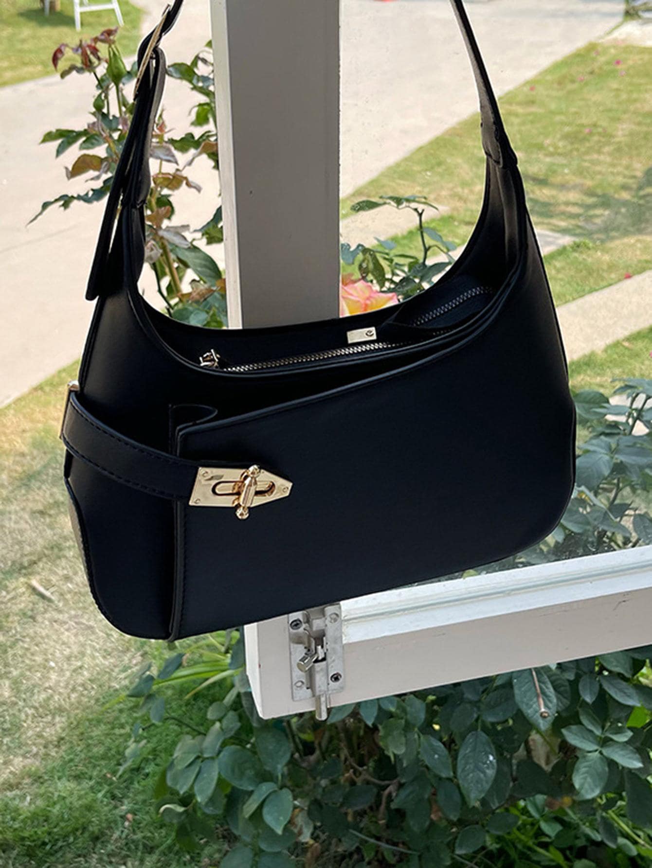 Medium Hobo Bag Black Buckle Decor Fashionable,Trendy Business Casual ...