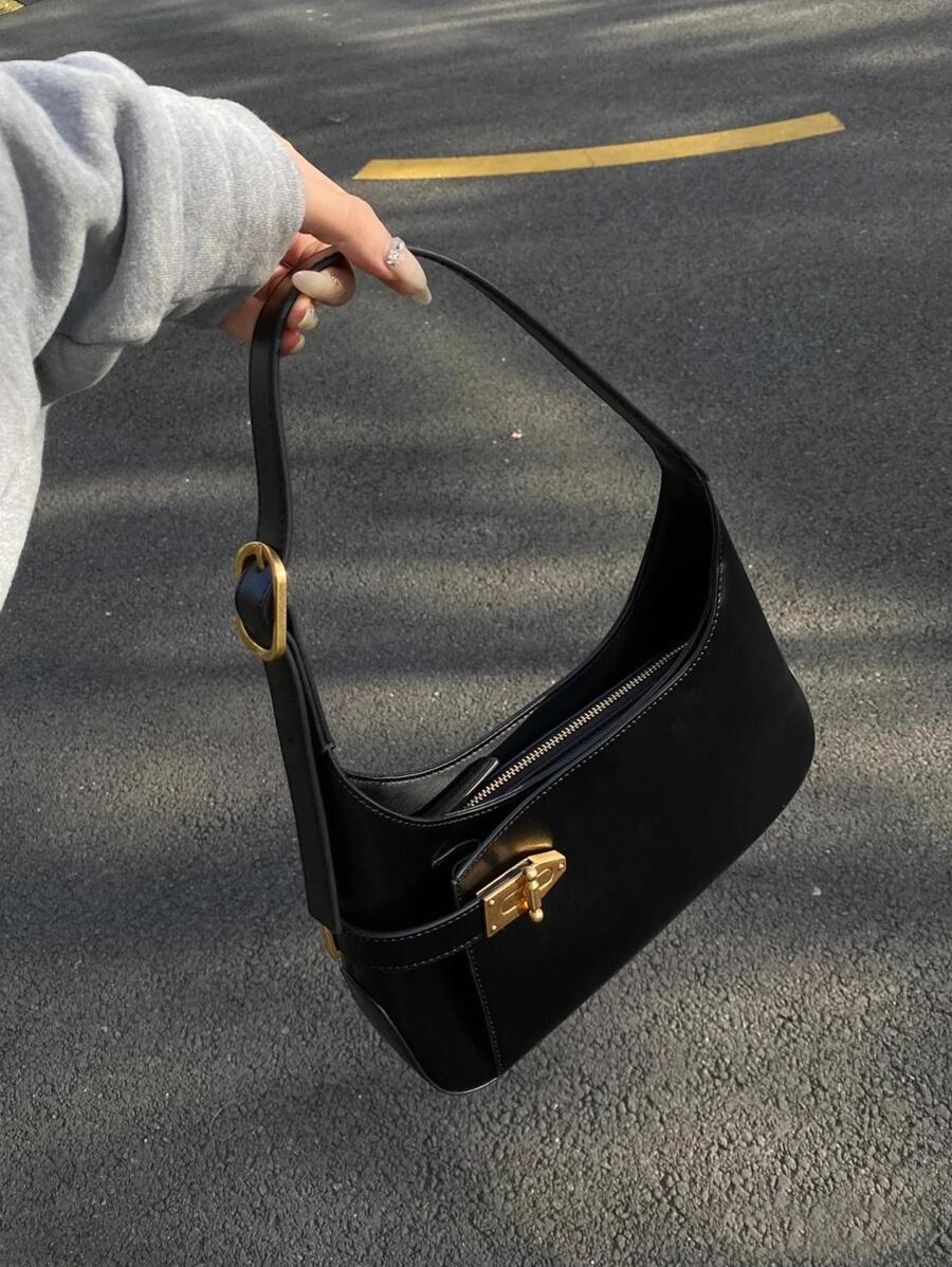Medium Hobo Bag Black Buckle Decor Fashionable,Trendy Business Casual ...