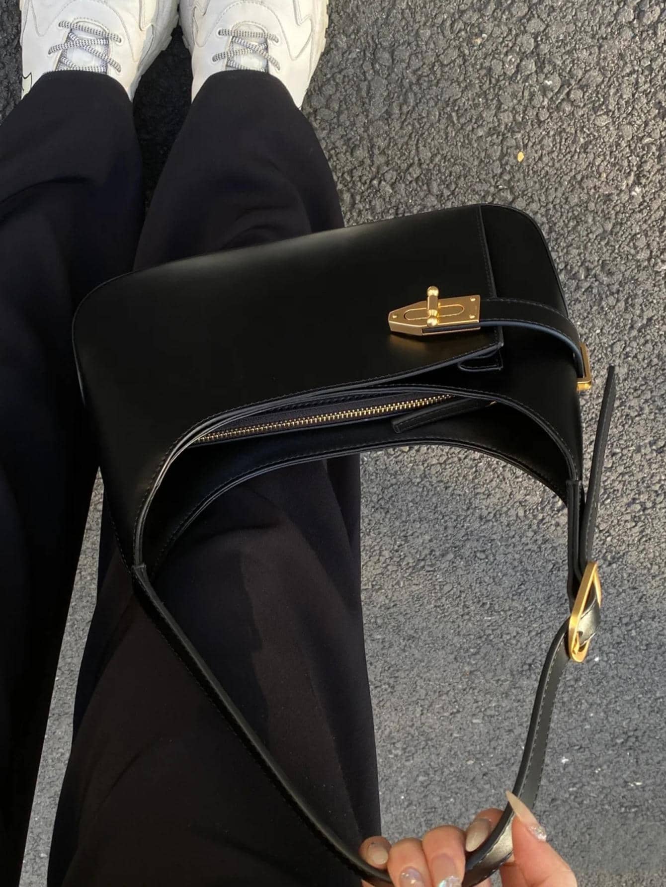 Medium Hobo Bag Black Buckle Decor Fashionable,Trendy Business Casual ...