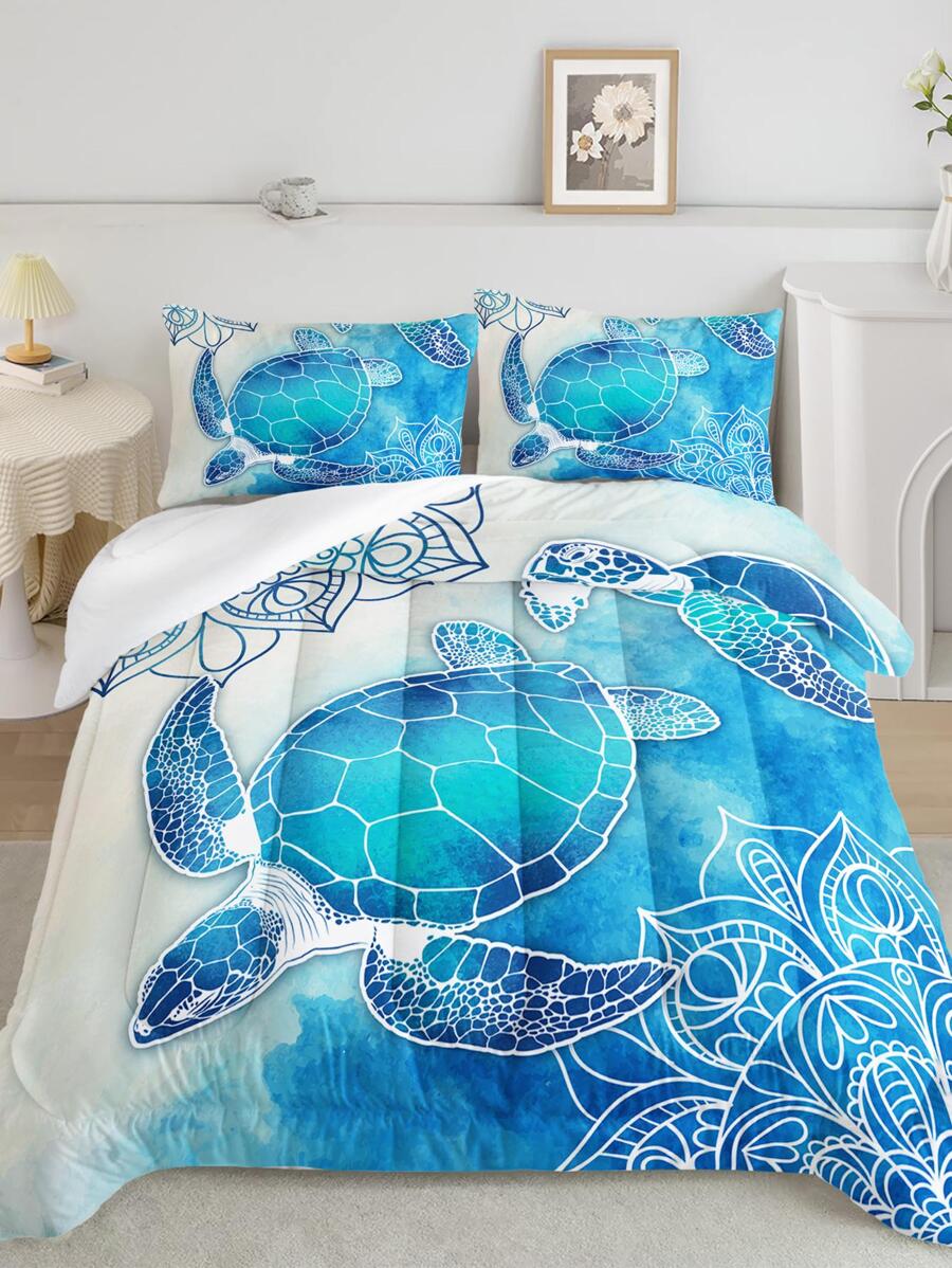 Sea Turtle Comforter Set With 2 Pillowcases,Coastal Beach Themed ...