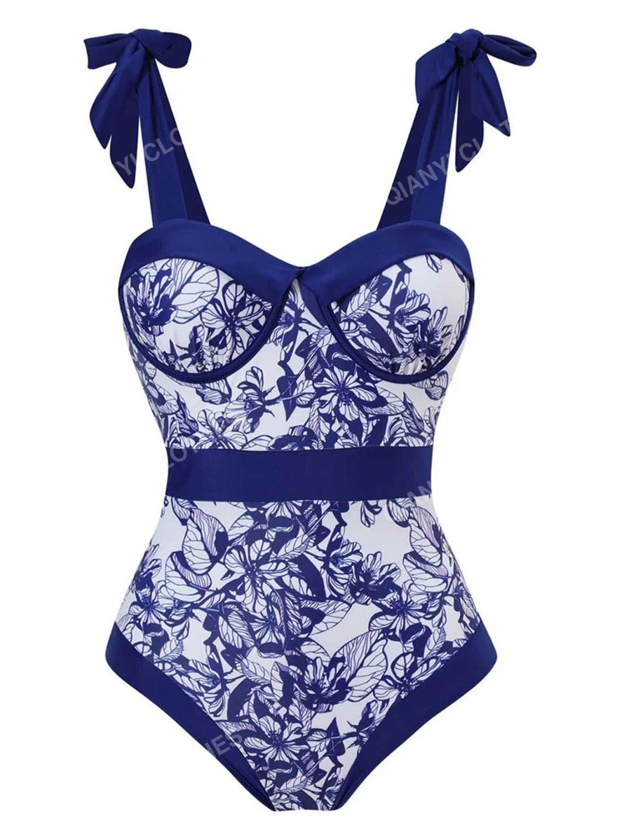 Floral Print Tie Shoulder Push Up One Piece Swimsuit | SHEIN USA