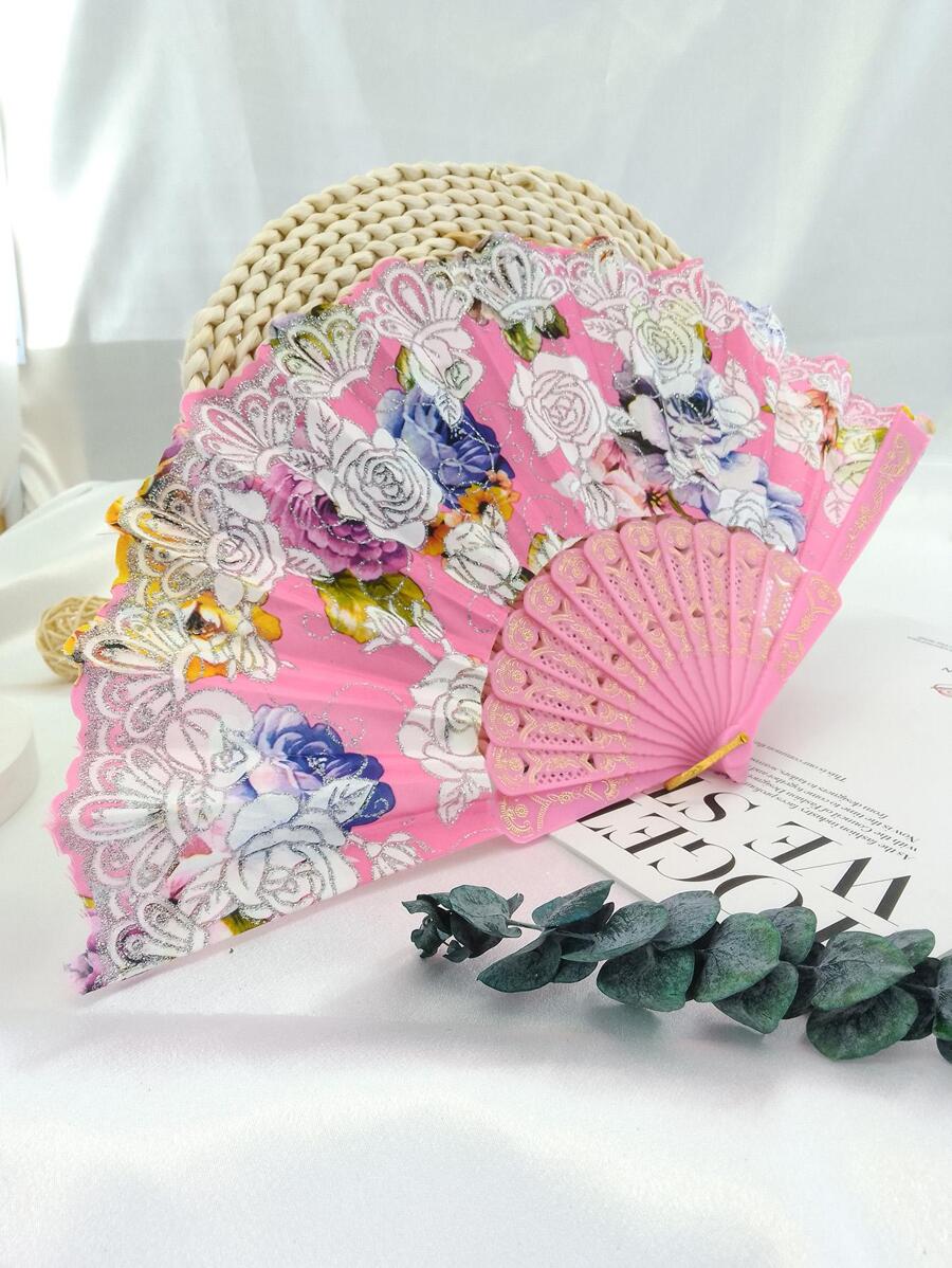 1pc Ladies' Chinese Style Embroidered Plastic Folding Fan With Rose ...