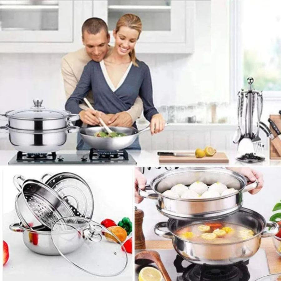 Stainless steel chimney and covered soup pot, steam pot set, 2-layer ...
