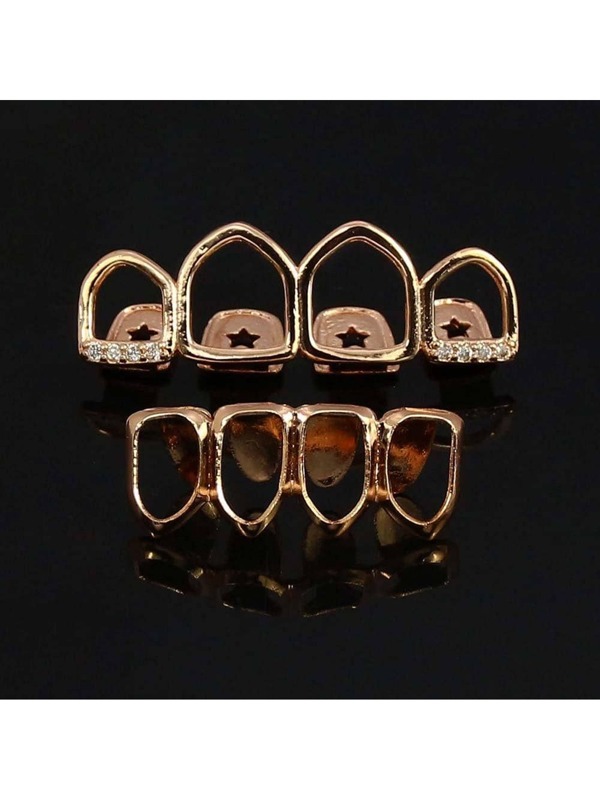 Four Full Open Face Hollow Tooth Grillz Top With CZ & Bottom Teeth ...