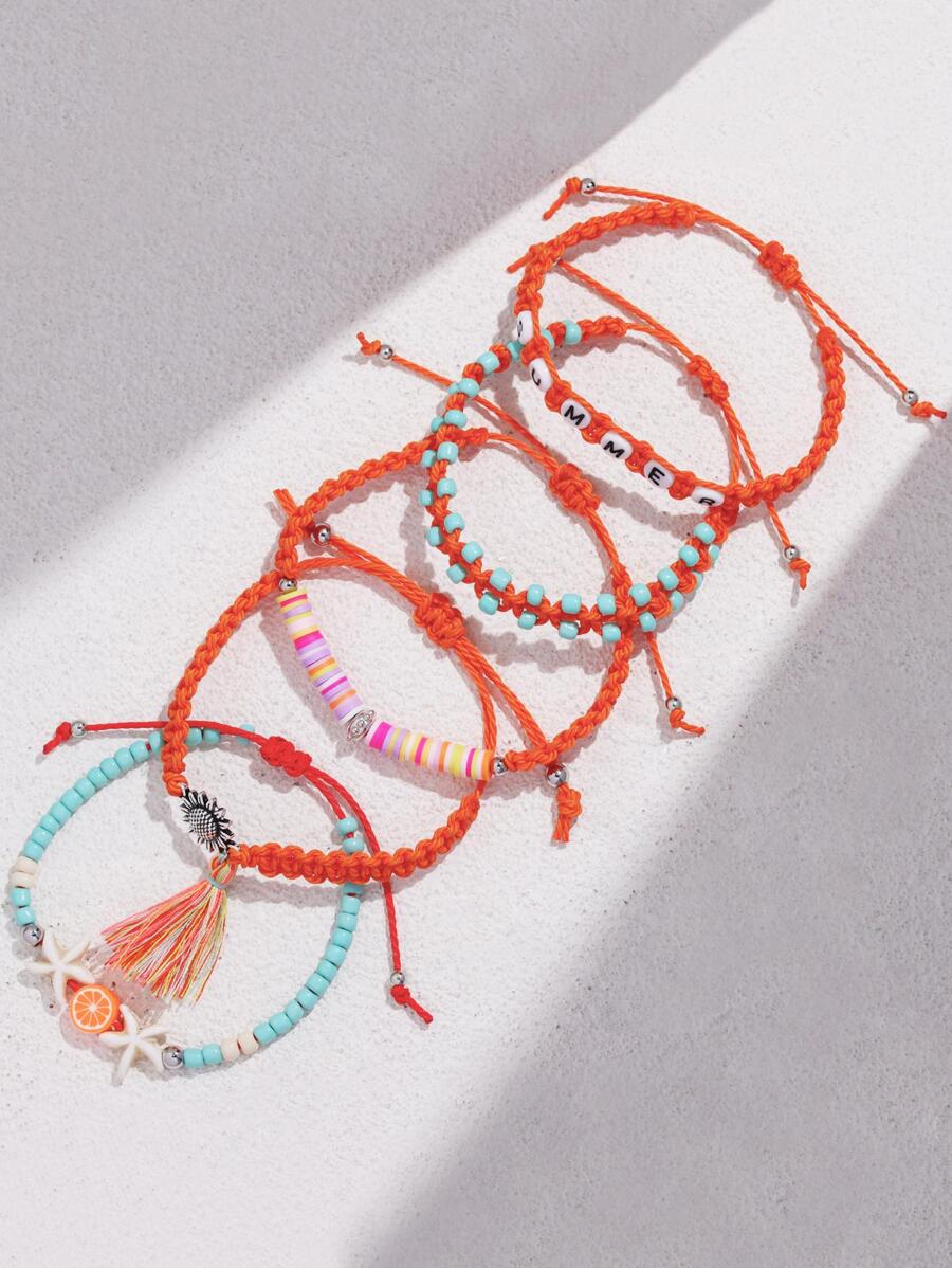 B0995 5pcs/set Bohemian Hand Letter Starfish Beaded Decorative Bracelet ...
