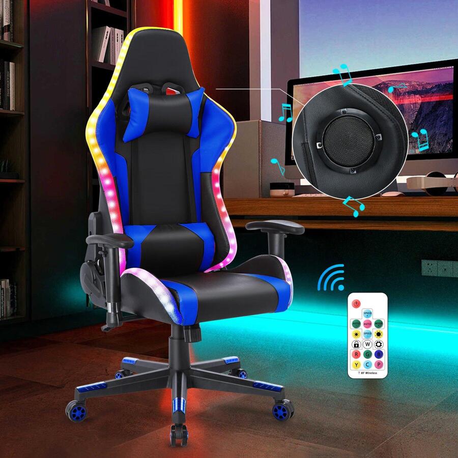 HomeMiYN Gaming Chair with Speakers Video and RGB LED Lights, PU ...