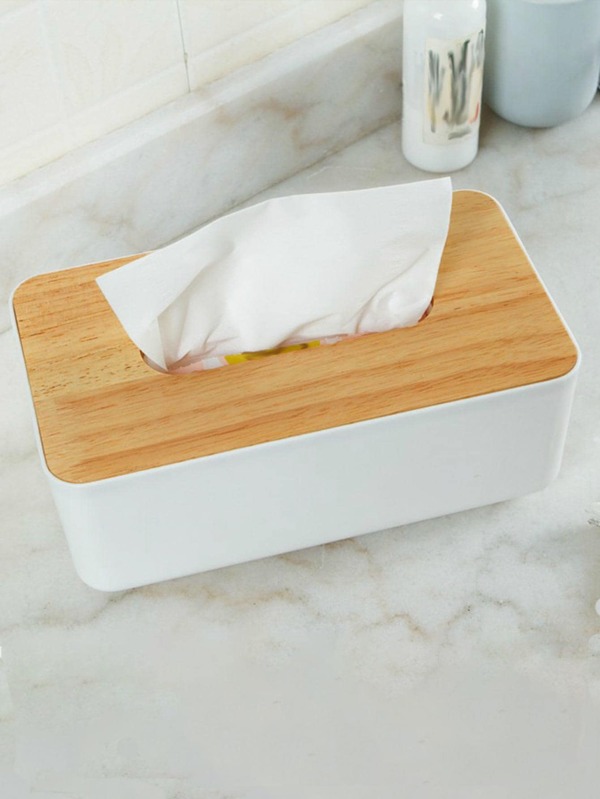 1pc Simple Tissue Storage Box With Wood Lid, Plastic Tissue Organizer ...