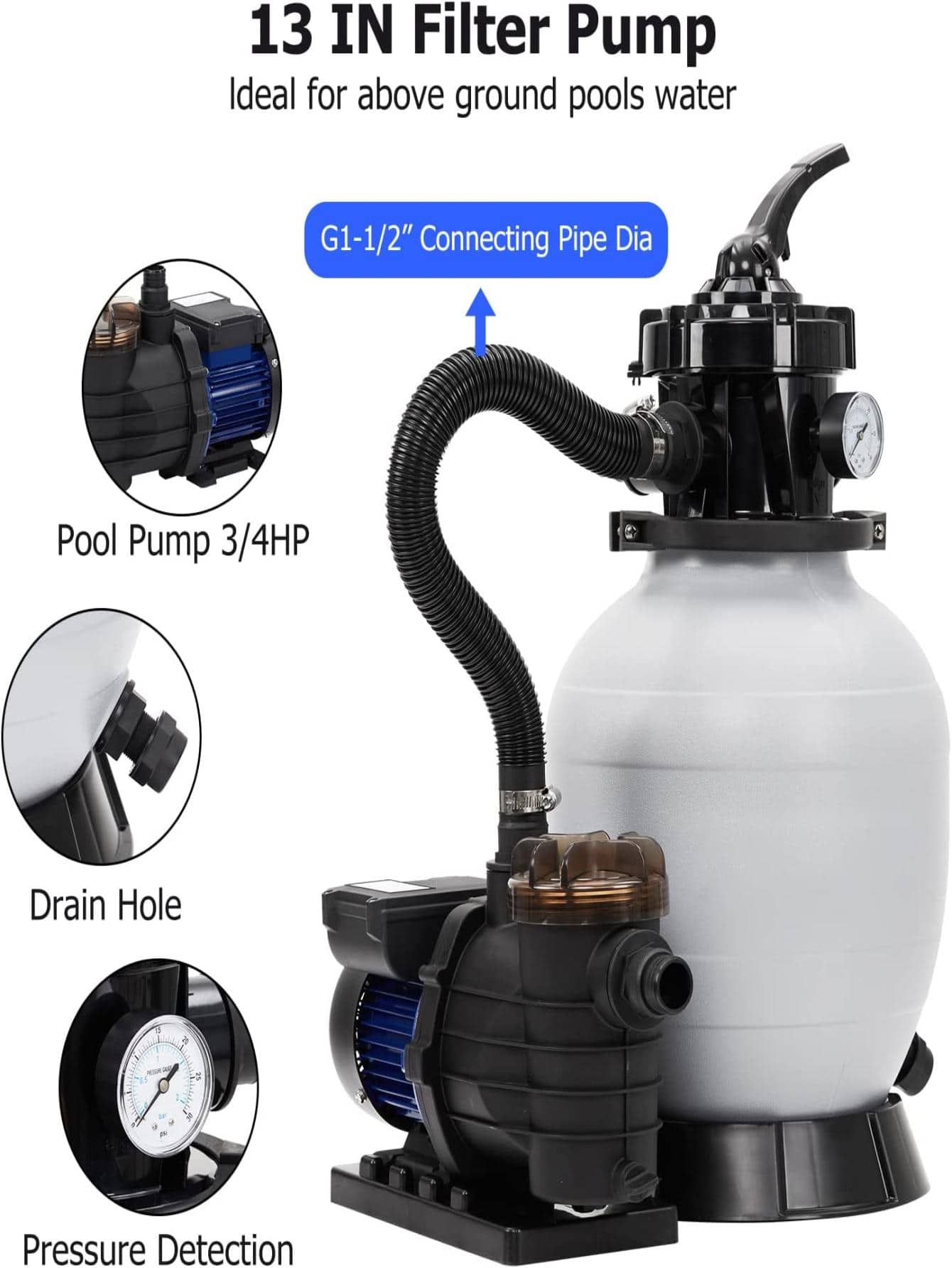 13" Sand Filter Pump, 3434GPH 3/4HP Pool Sand Filter for Above Ground ...