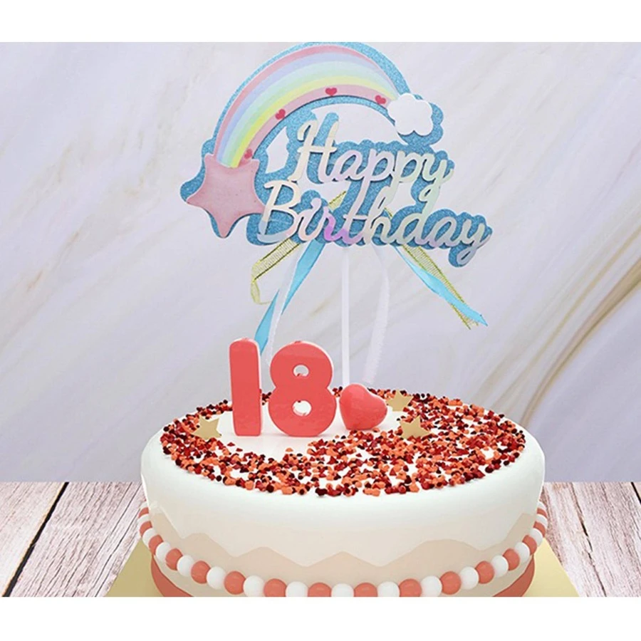 Blue Glitter Happy Birthday Cake Topper - Star Rainbow Cake Decoration ...