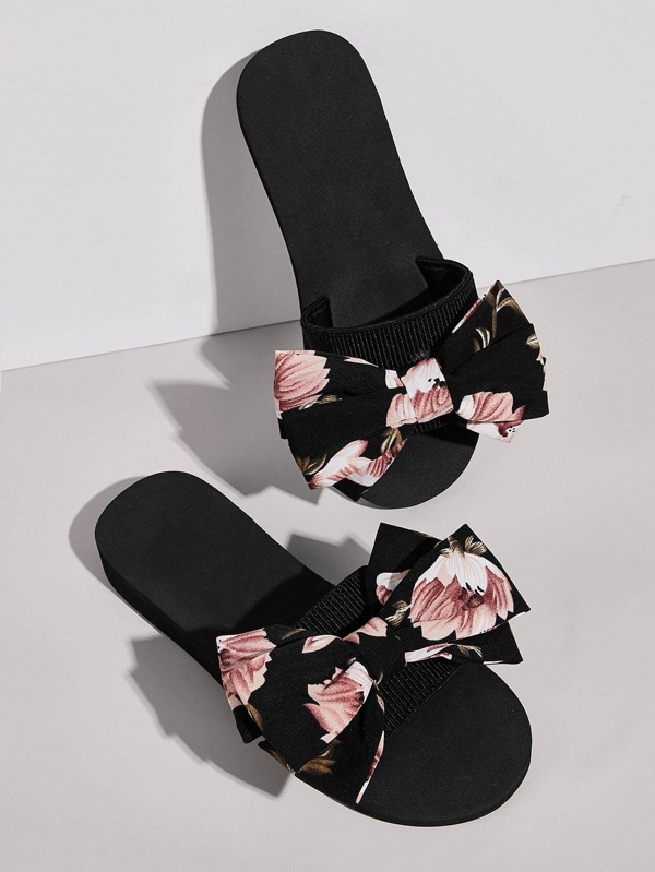 Women Floral Graphic Bow Decor Slides, Vacation Polyester Slides ...