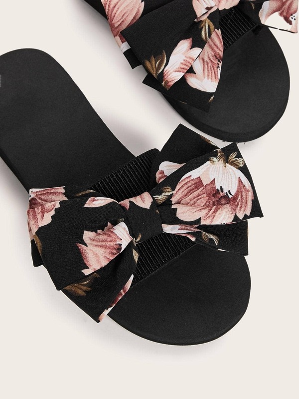 Women Floral Graphic Bow Decor Slides, Vacation Polyester Slides ...