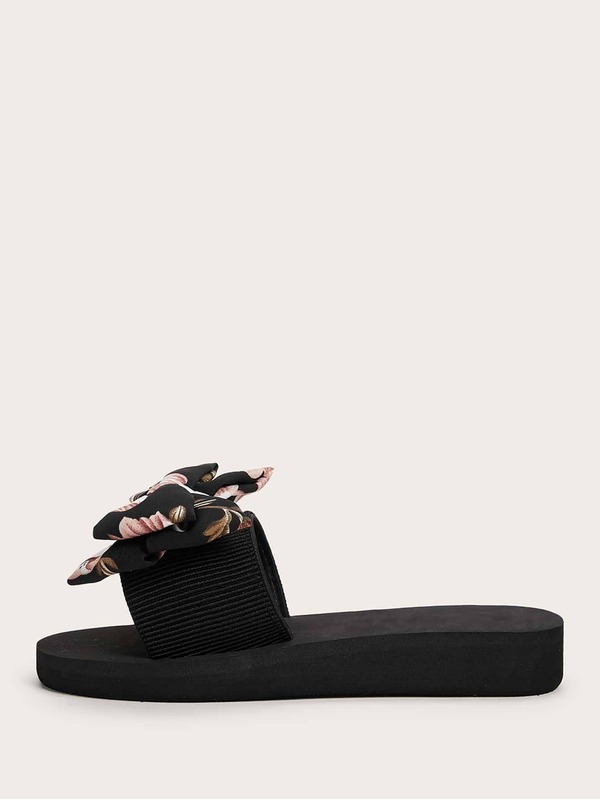 Women Floral Graphic Bow Decor Slides, Vacation Polyester Slides ...