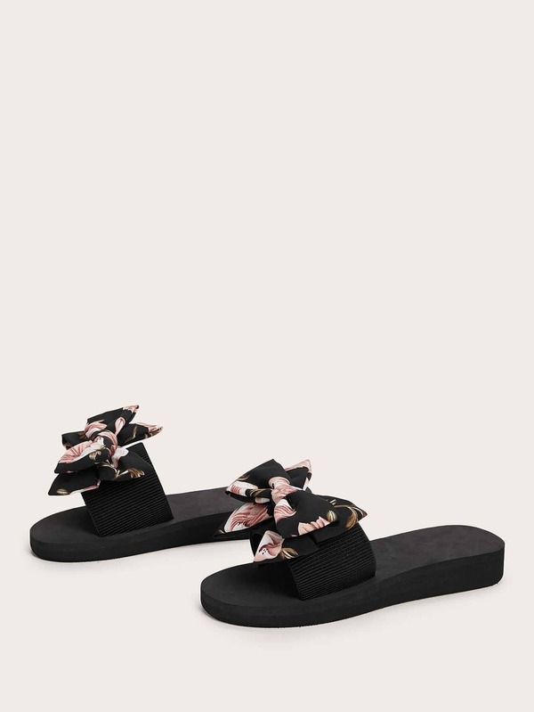 Women Floral Graphic Bow Decor Slides, Vacation Polyester Slides ...
