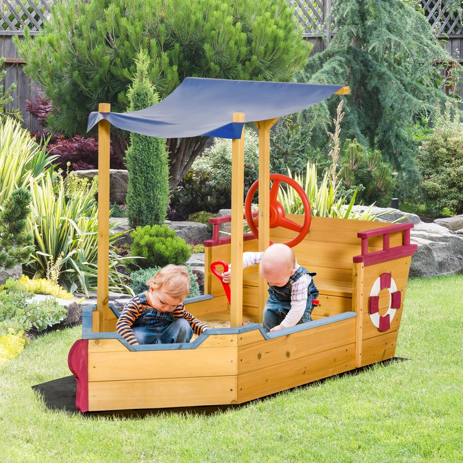 Outsunny Pirate Ship Sandbox with Cover and Rudder, Wooden Sandbox with ...