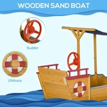 Outsunny Pirate Ship Sandbox with Cover and Rudder, Wooden Sandbox with ...