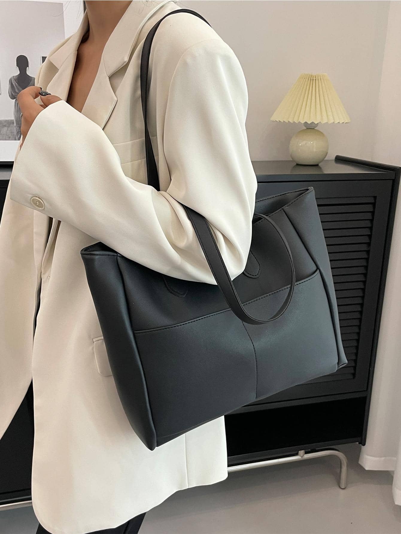 Pocket Front Shoulder Tote Bag Black PU Minimalist | SHEIN USA