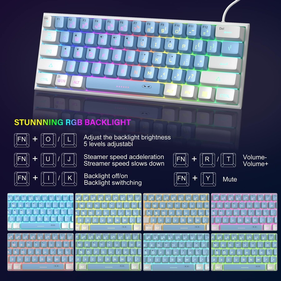 Mini 60% Gaming Keyboard, Wired RGB Backlit 61 Key Ultra-Compact ...
