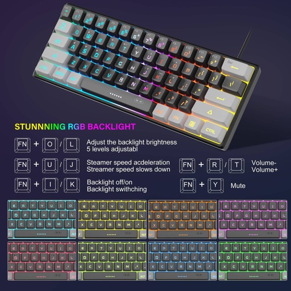 Mini 60% Gaming Keyboard, Wired RGB Backlit 61 Key Ultra-Compact ...
