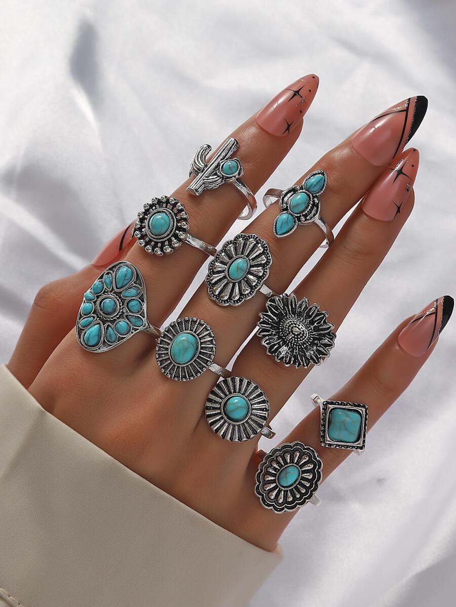 10pcs Vintage & Bohemian turquoise Exaggerated Ring Set Gifts to ...