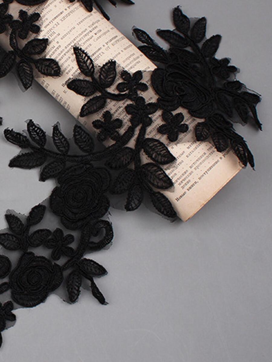 1pair Black Flower Embroidered DIY Webbing, Modern Elastane Decorative ...