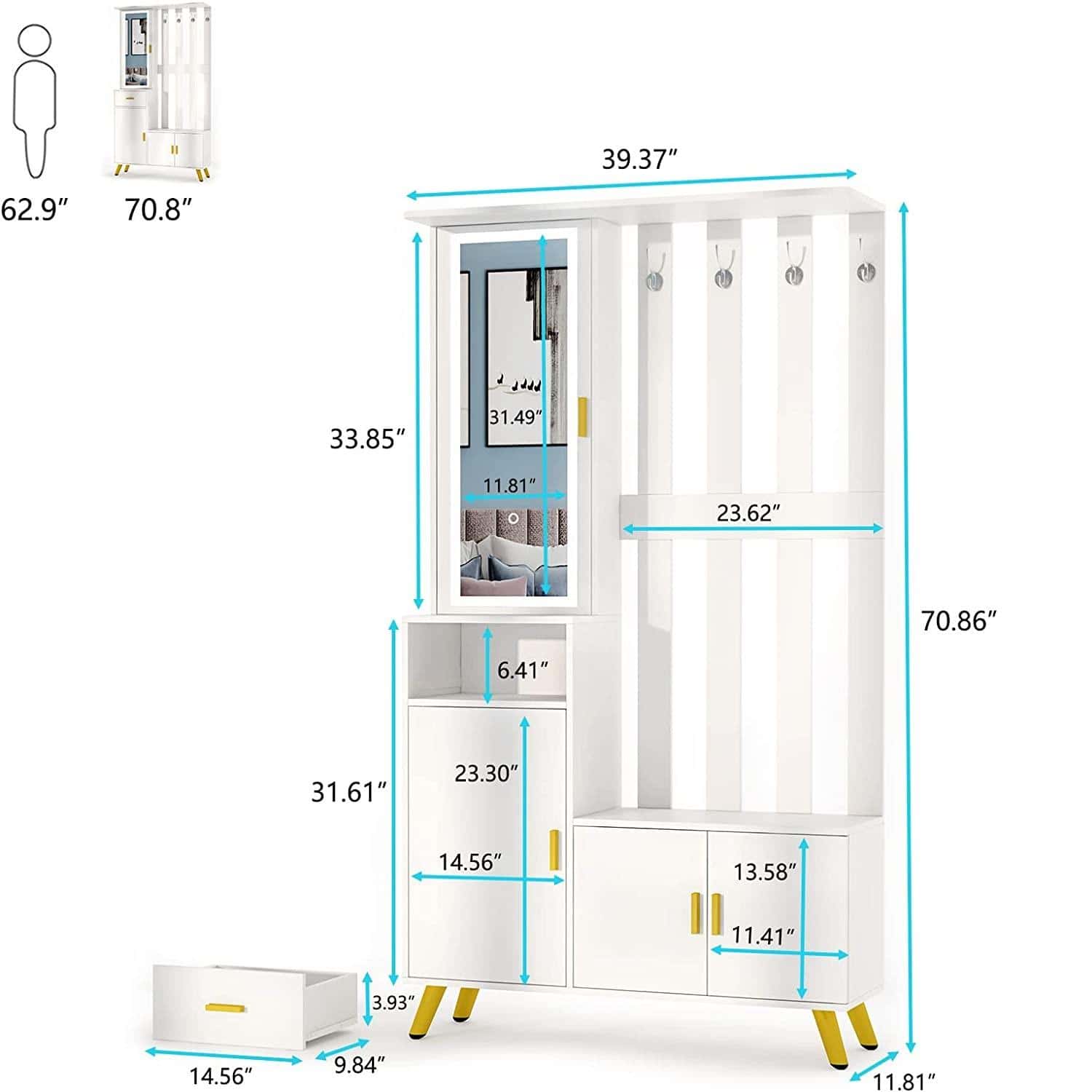 Hall Tree with Lighted Mirror,5 in 1 Entryway Coat Rack Freestanding ...