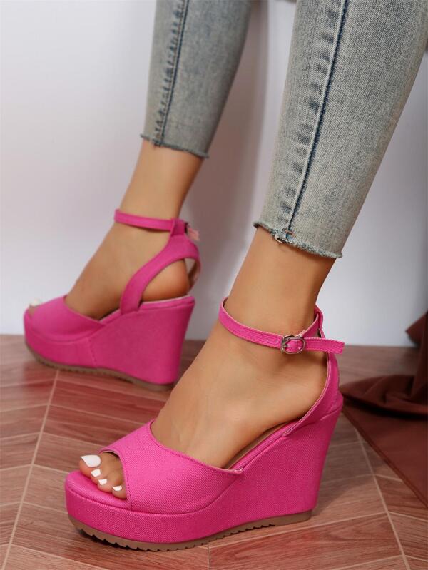 Funky Hot Pink Sandals For Women, Buckle Decor Ankle Strap Wedge ...