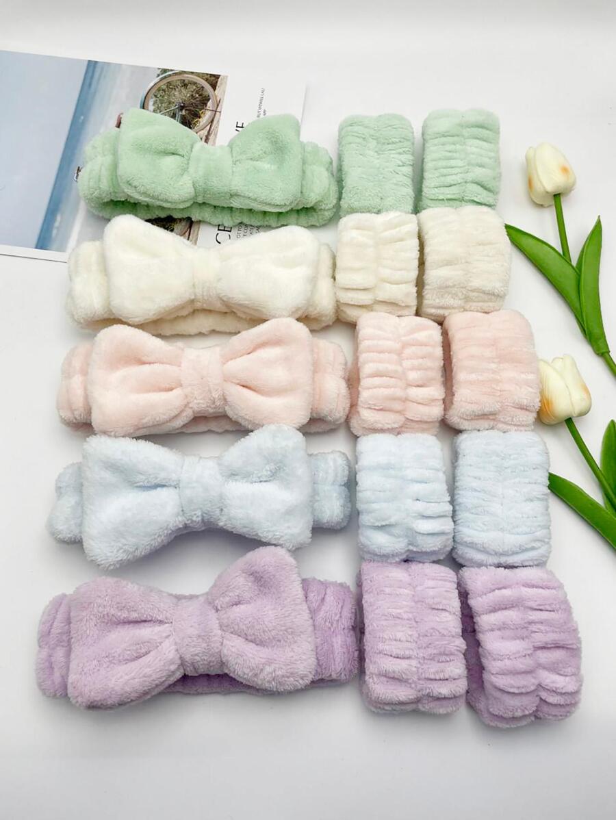 15pcs Bow Decor Bath Headband & Wristband Set, Soft Bath Hair Band For ...