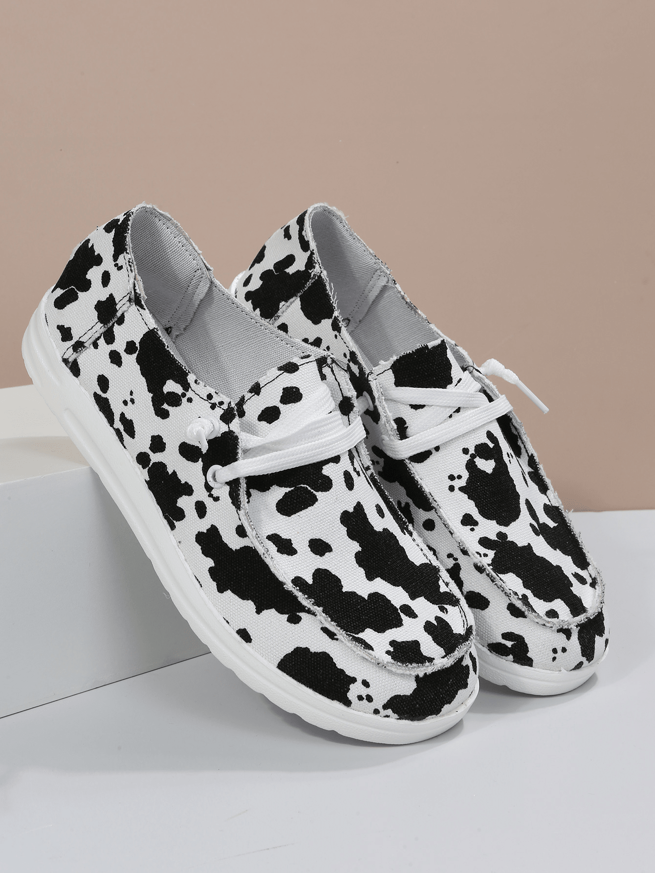 Women Lace Up Design Cow Print Casual Shoes, Sporty Outdoor Fabric Slip ...