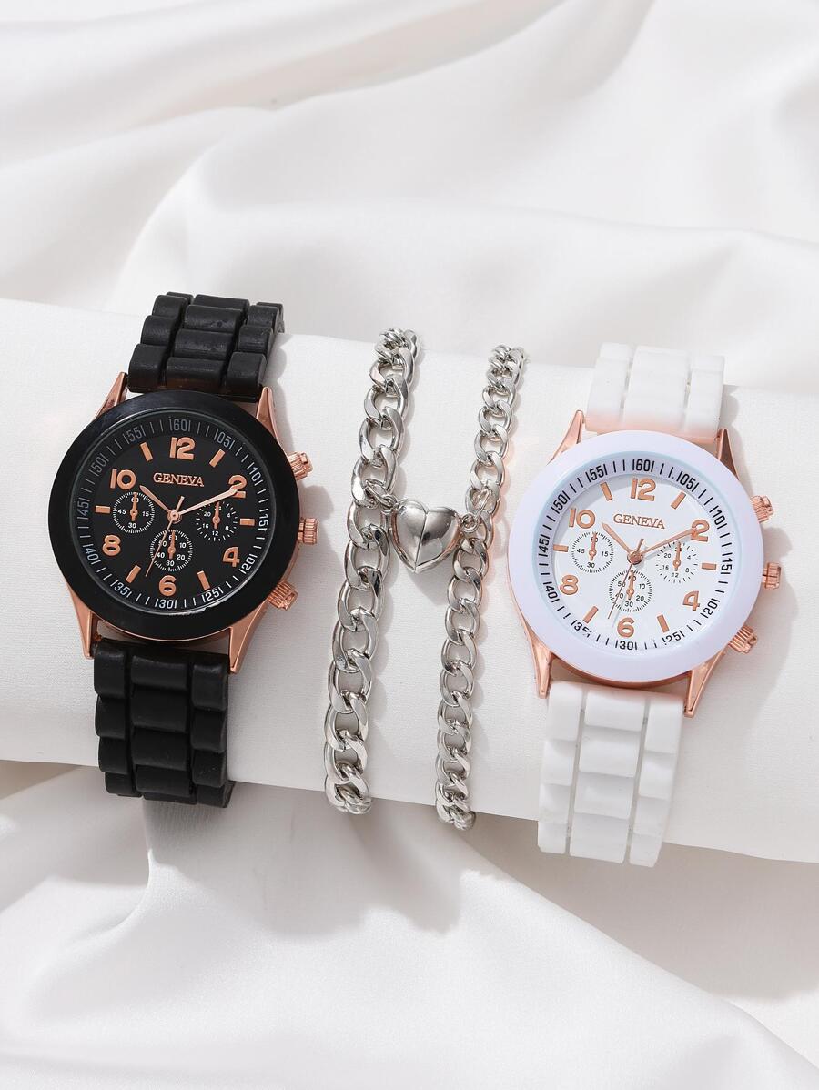 2pcs Black & White Rubber Strap Round Dial Quartz Watch & 2pcs Bracelet ...