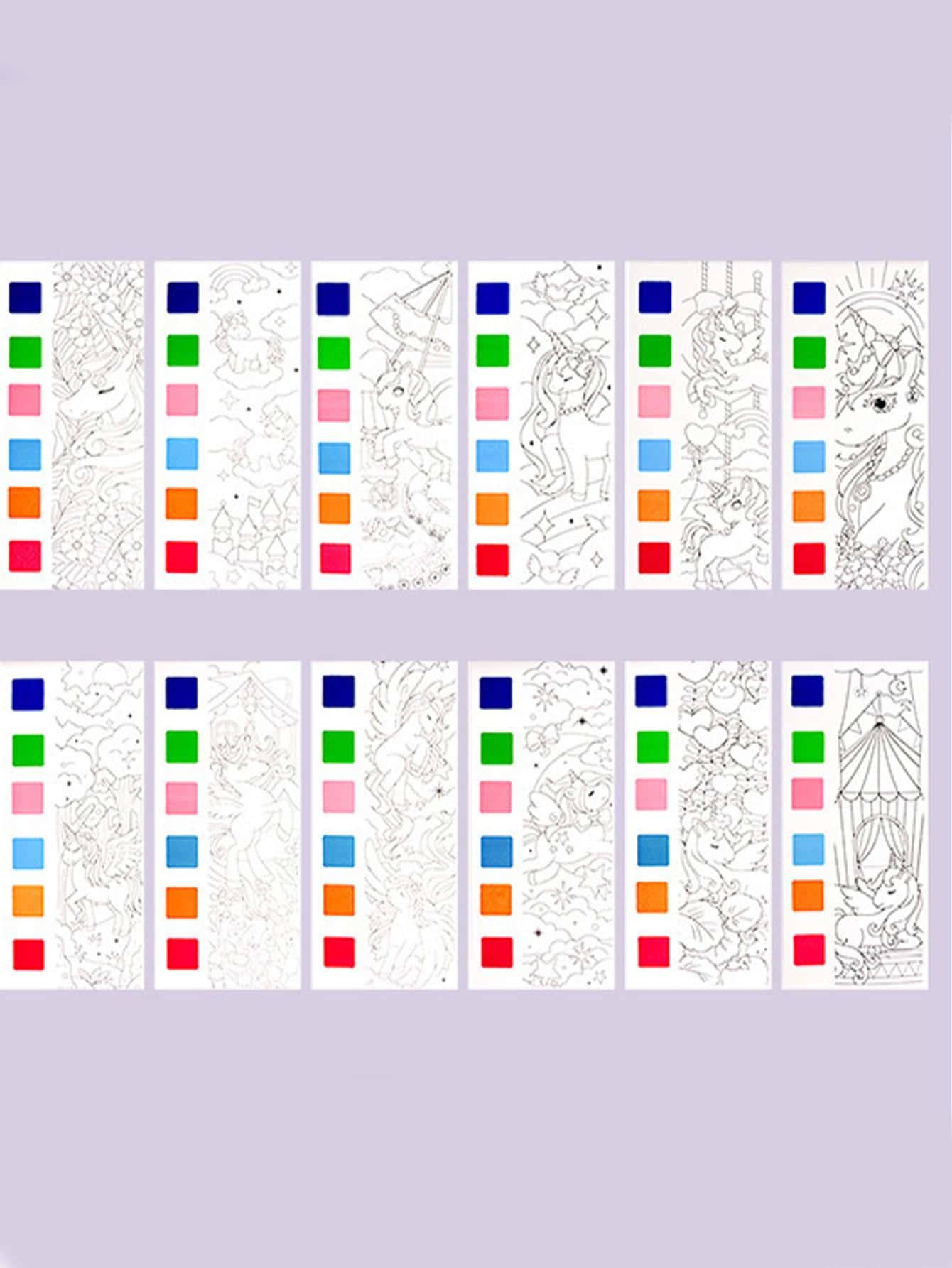 12pcs Cartoon Unicorn Pattern Coloring Paper With 1pc Paint Brush, Cute ...