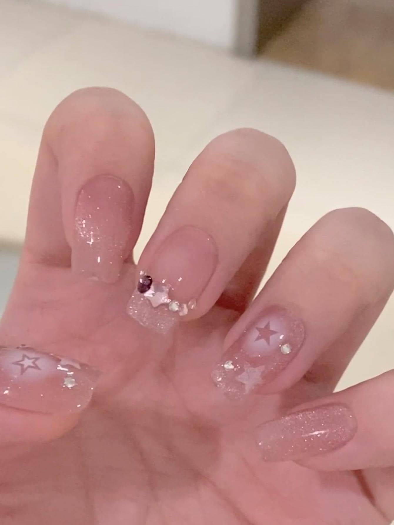 Pink Blush Airbrush Star Sweet Press On Nails, 24pcs Short Coffin ...