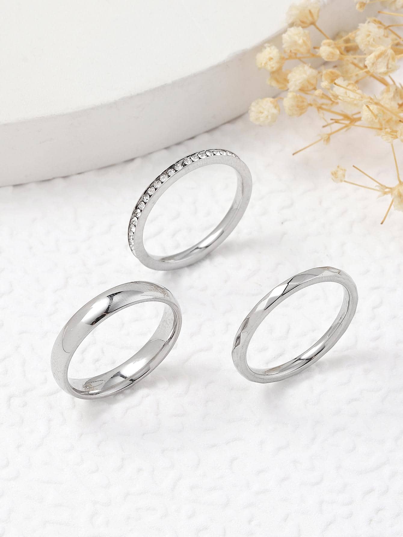 Set of 3 Stylish Stainless Steel 4mm Women's Rings with Rhinestones ...