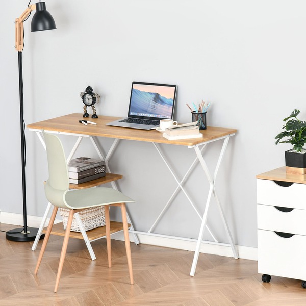 HOMCOM Computer Desk with 2-Tier Storage Shelves Wood Grain Writing ...