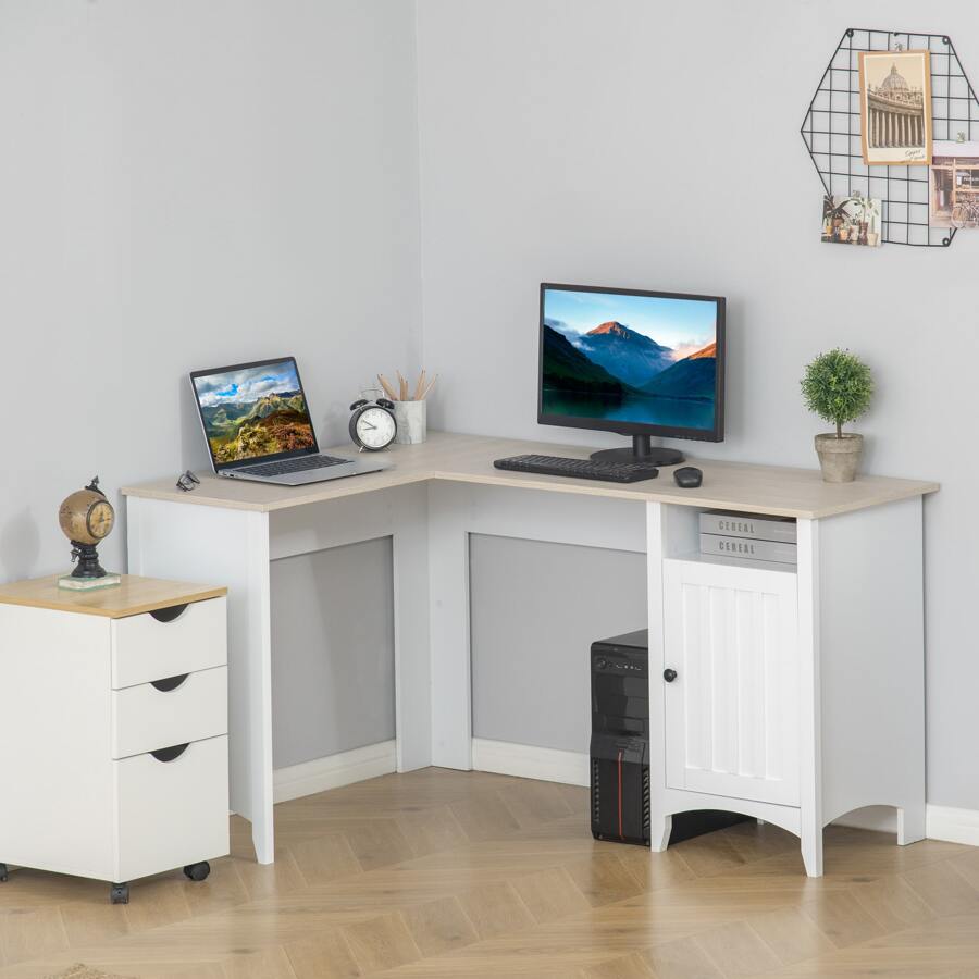 HOMCOM L-Shaped Computer Desk with Open Shelf and Storage Cabinet ...