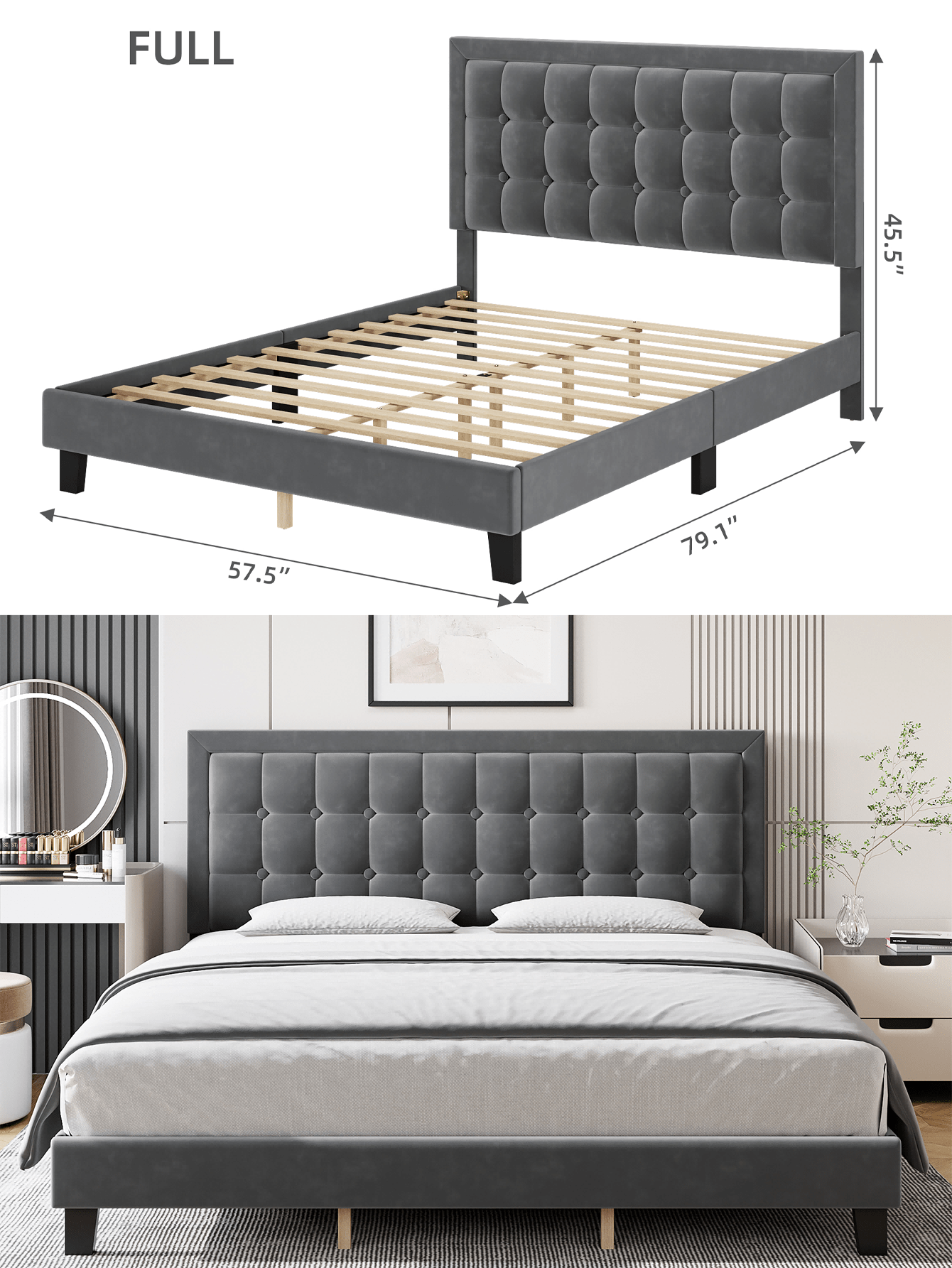 Full Size Bed Frame, Modern Upholstered Platform Bed with Button Linen ...
