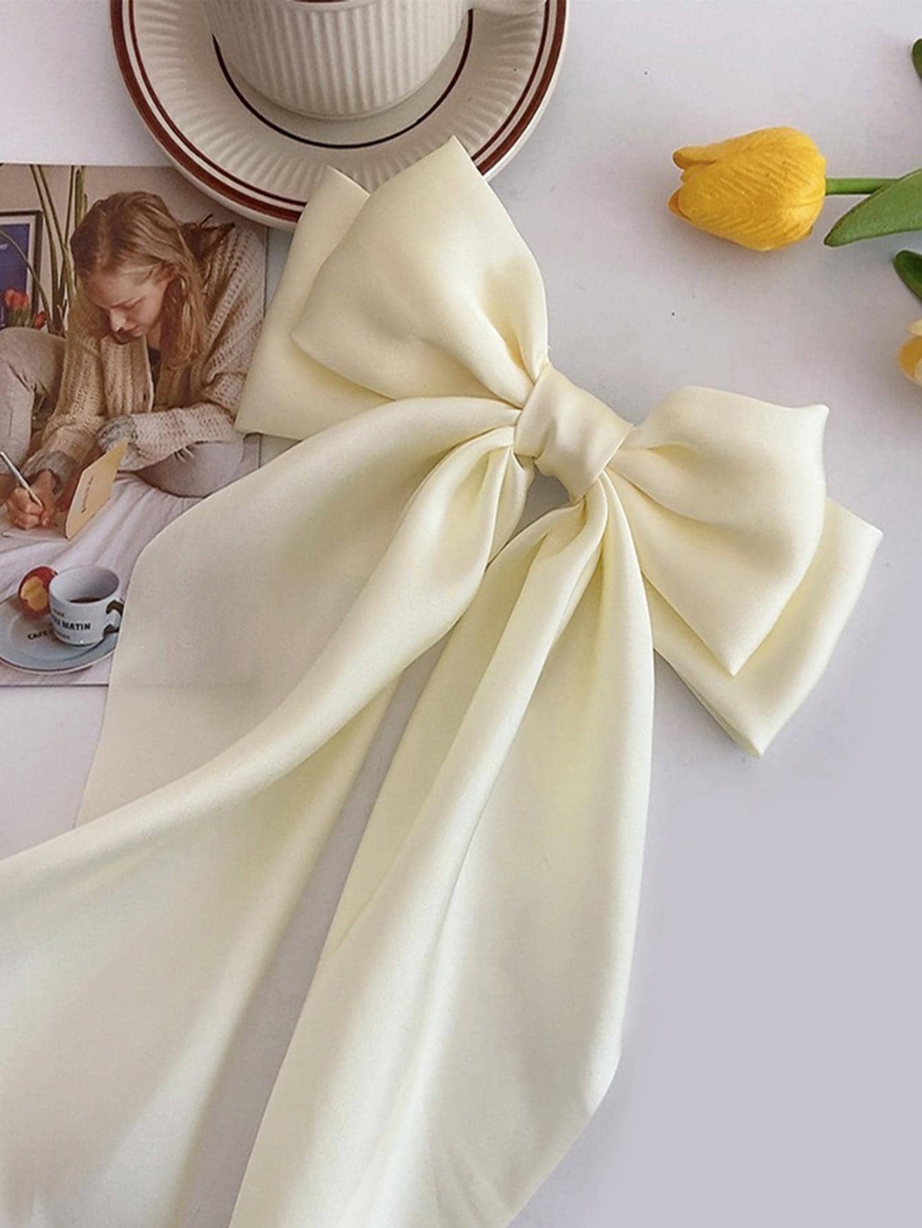 2pcs/Set Women Ladies' Black & White Long Ribbon Bow Hair Clips Cute ...