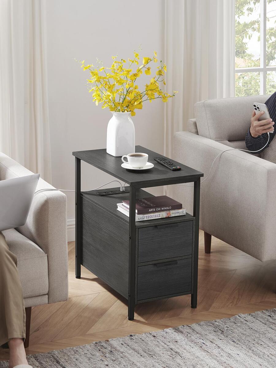 VASAGLE Side Table with Charging Station, Narrow End Table with 2 ...