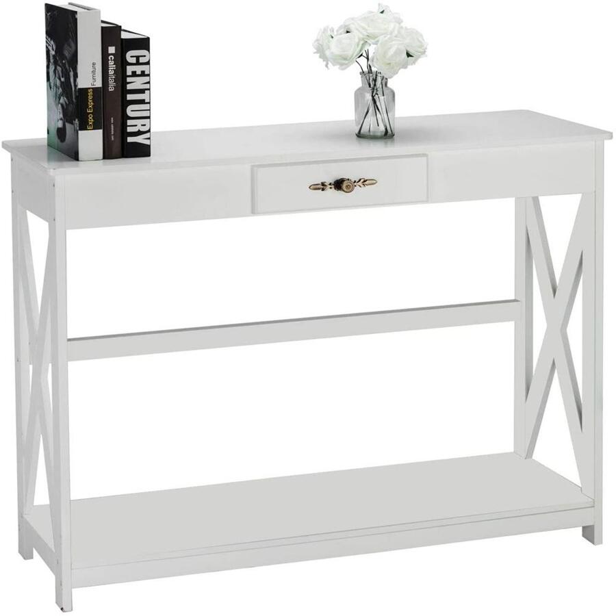 White Entryway Table Sofa Table with Drawer and Shelf Slim Console ...